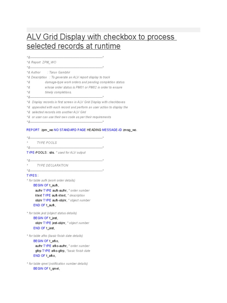 ALV Grid Display With Checkbox To Process Selected Records at Runtime | PDF | Subroutine ...