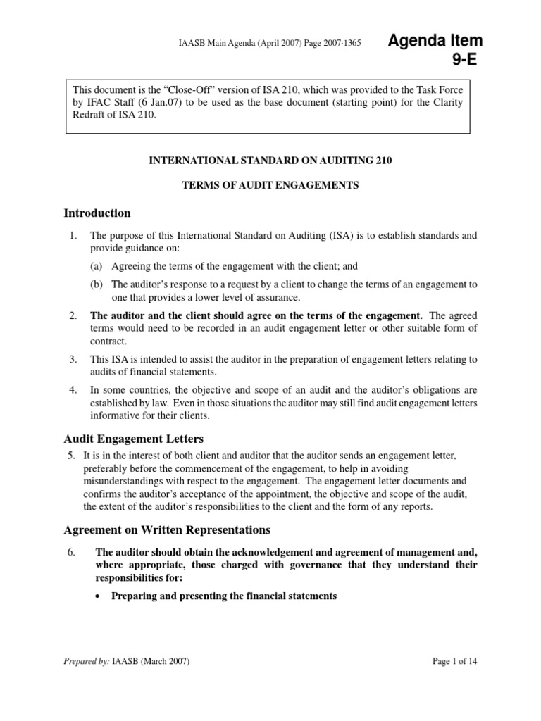 Isa 210 | PDF | Financial Audit | Financial Statement