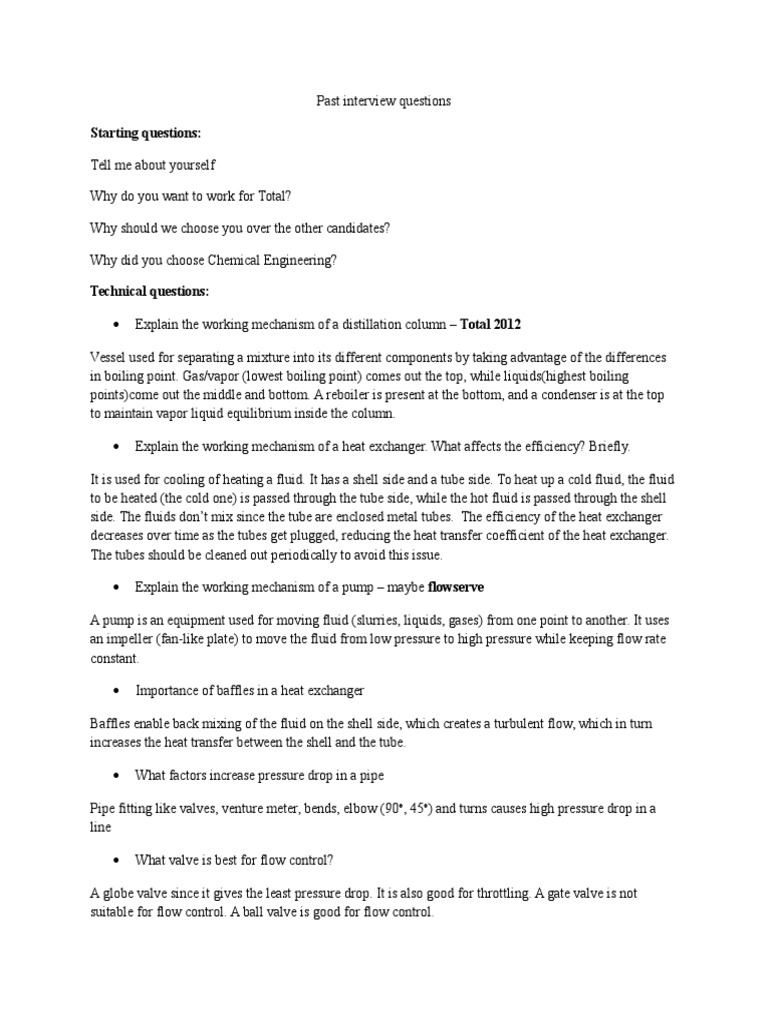Chemical Engineering Interview Insights | PDF | Heat Exchanger | Heat