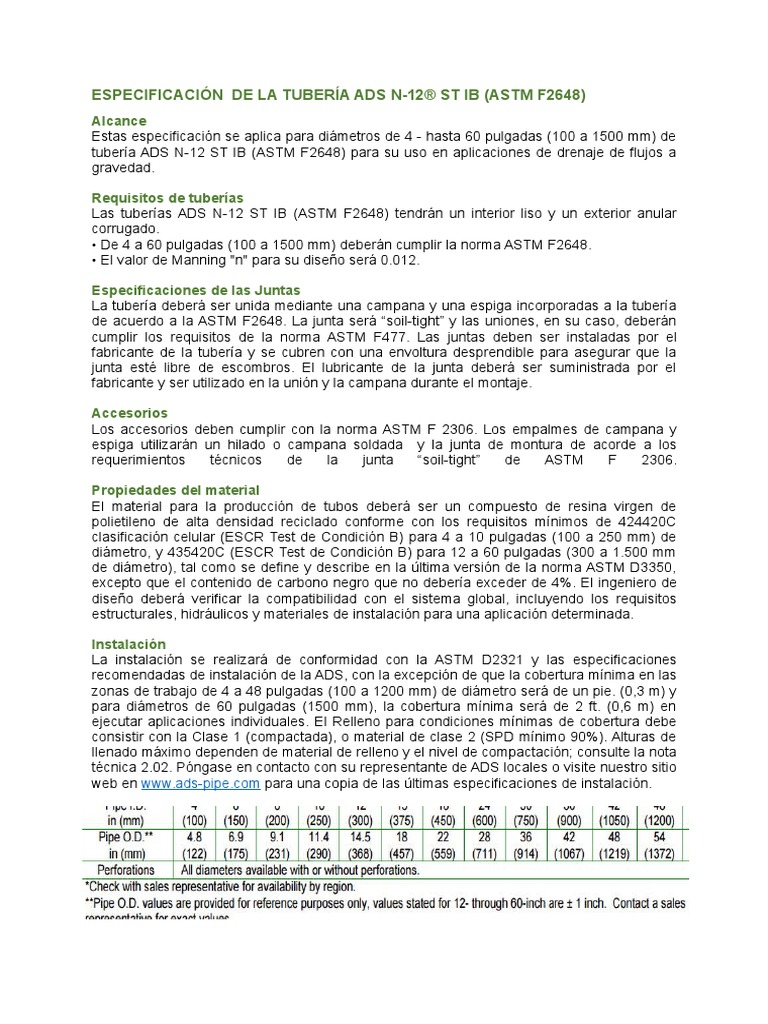 Especificación de Tubería ADS N-12® | PDF | Pulgada | Tubería ...