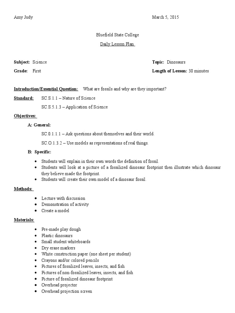 First Grade Science: Fossils and Dinosaurs | PDF | Lesson Plan | Classroom