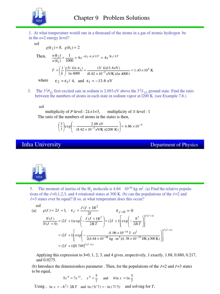 Chapter 9 Problem Solutions: Inha University | PDF | Electronvolt | Temperature