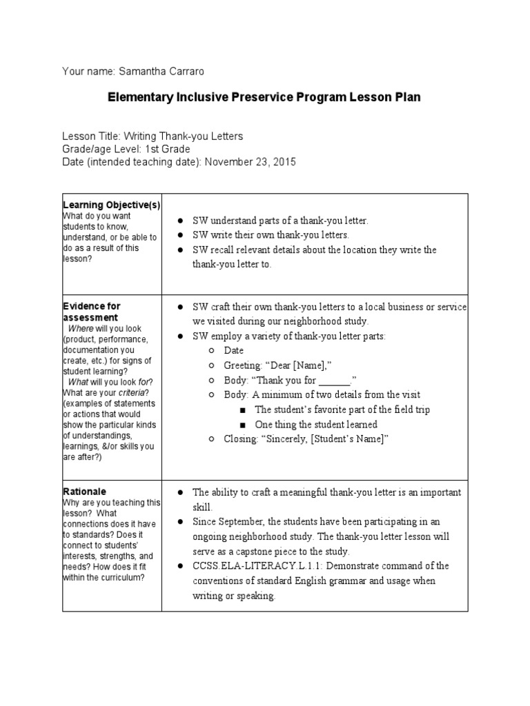 Thank-You Letter Lesson Plan | PDF | Lesson Plan | Applied Psychology