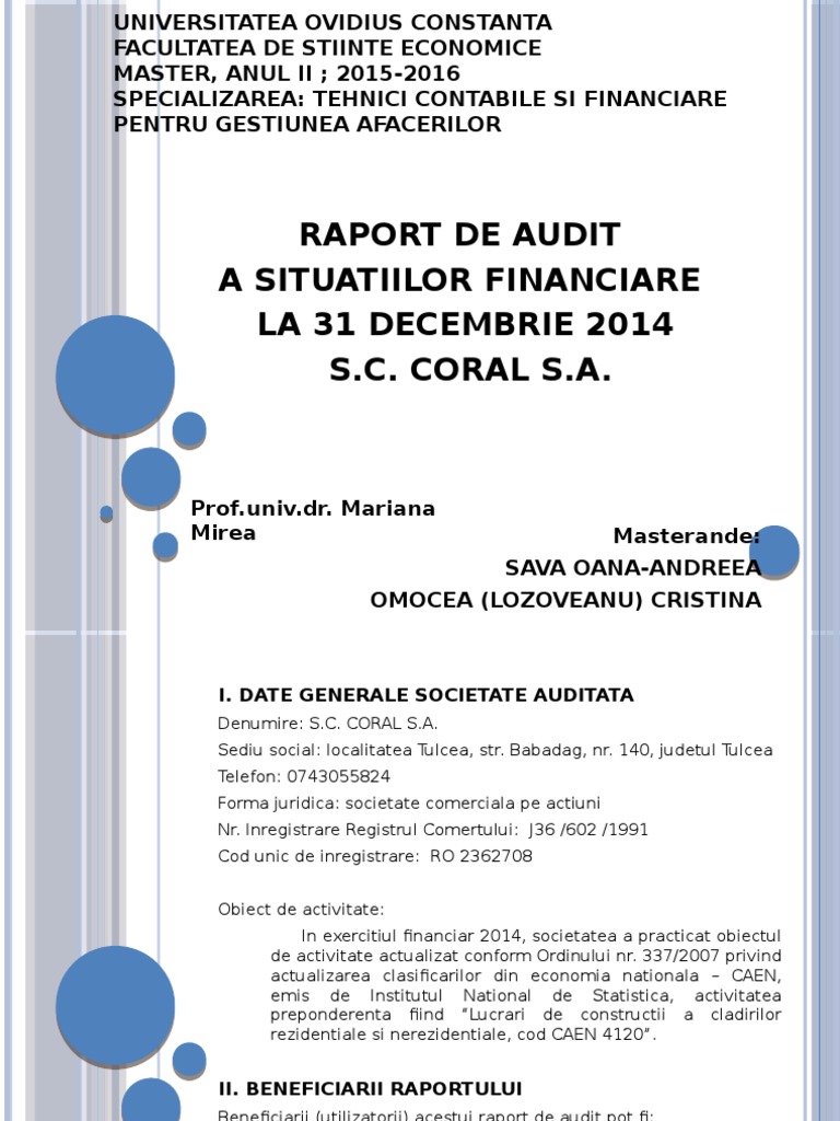 Raport de Audit Financiar - Situatii Financiare 2014 | PDF