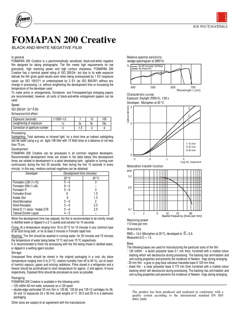 Foma Fomapan 200 Datenblatt | PDF | Exposure (Photography) | Film Speed