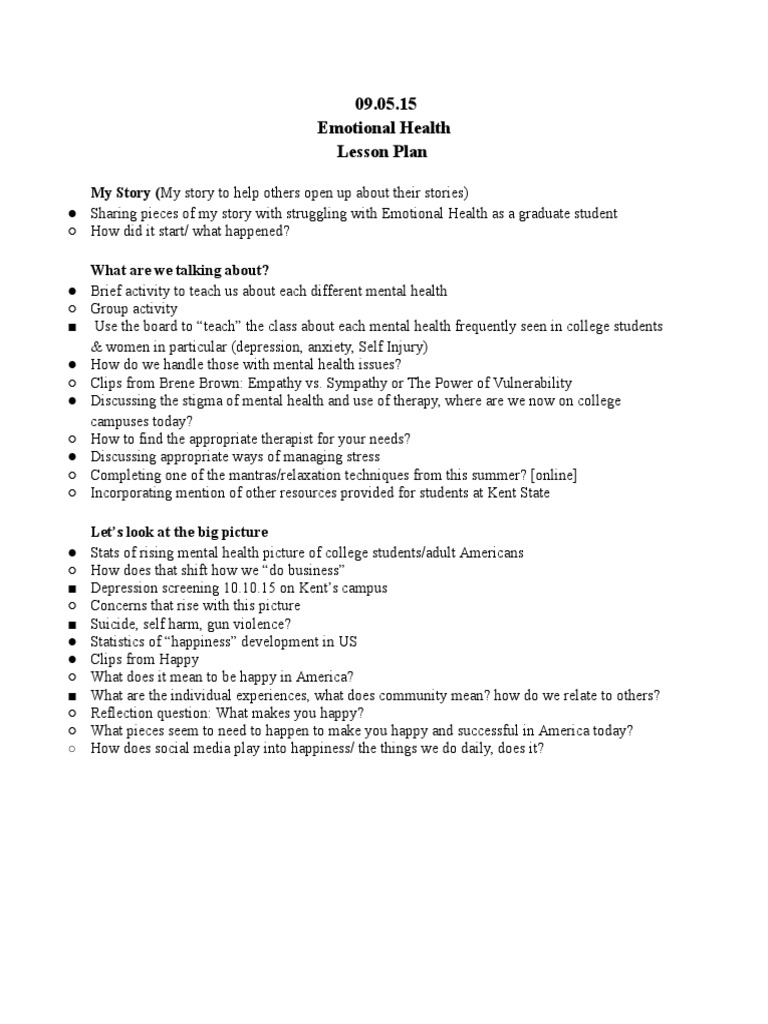 Emotional Wellbeing Lesson Plan | PDF | Career & Growth | Science ...