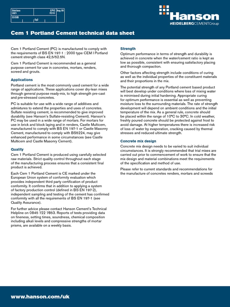 Cem 1 Portland Cement Overview | PDF | Concrete | Strength Of Materials