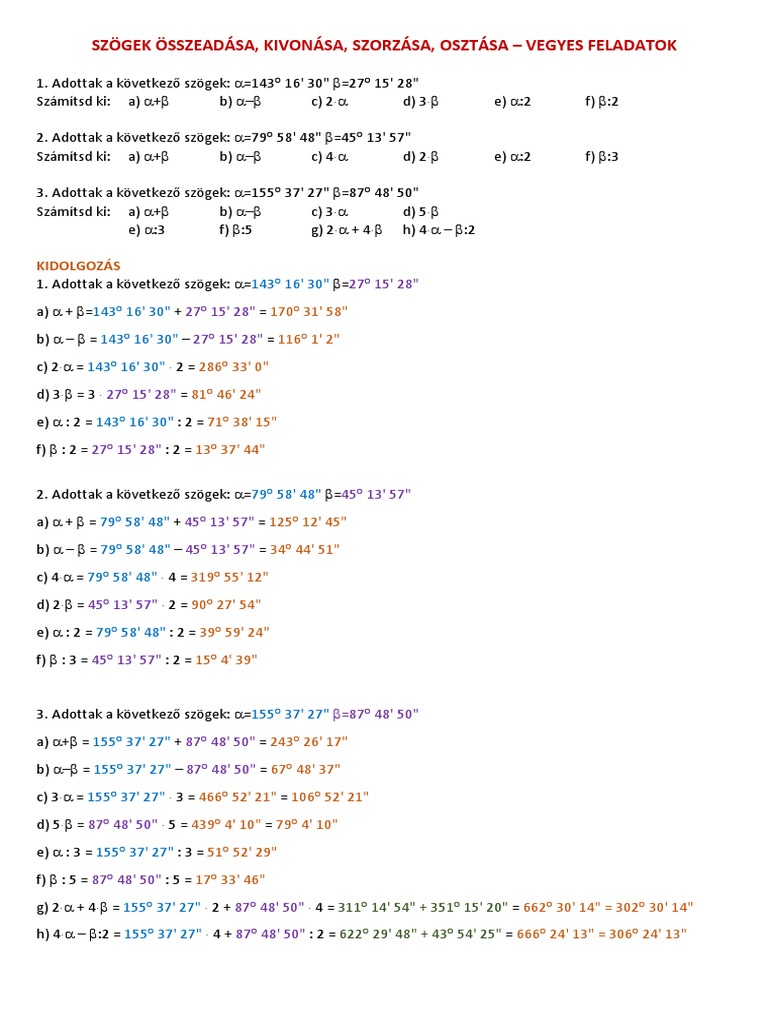 Szögek Összeadása, Kivonása, Szorzása, Osztása - Vegyes Feladatok | PDF
