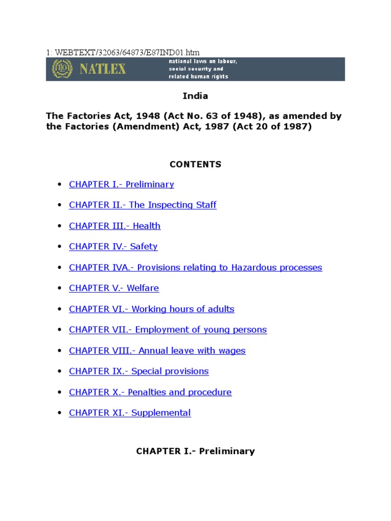 India The Factories Act, 1948 (Act No. 63 of 1948), as amended by the ...