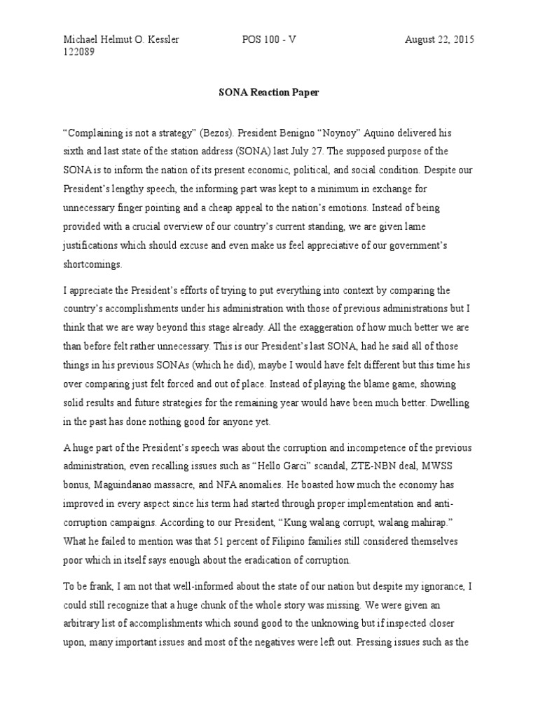 SONA Reaction Paper | PDF | Benigno Aquino Iii | Government