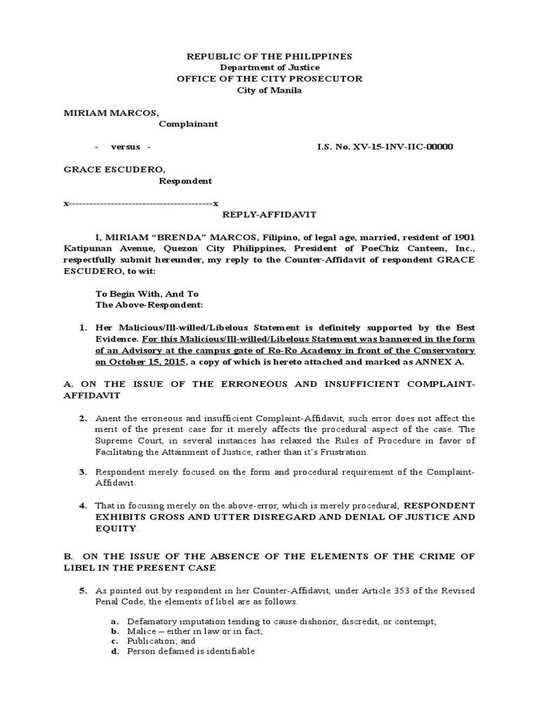 Reply Affidavit Sample | PDF | Defamation | Social Institutions