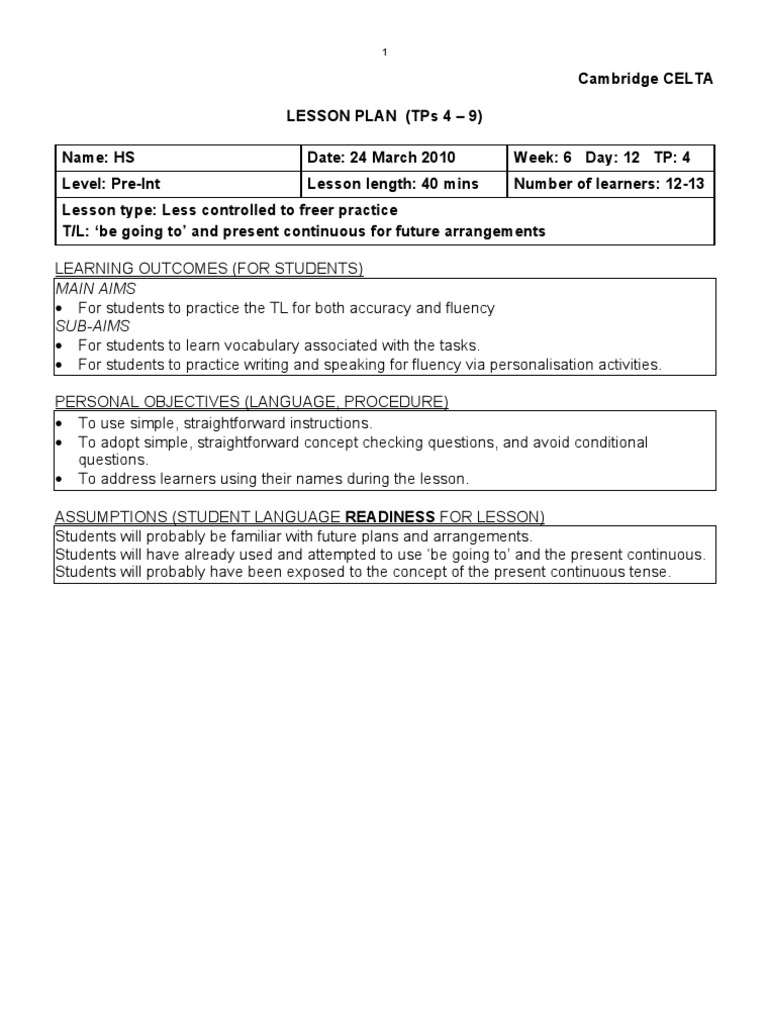 CELTA Lesson Plan | PDF | Fluency | Lesson Plan