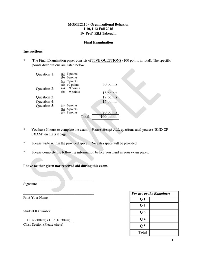 MGMT2110 Final Exam Sample 2015 (Riki) | PDF | Group Decision Making ...