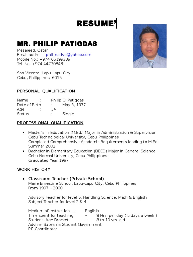 REsume For Teacher Job | PDF | Teachers | Teaching