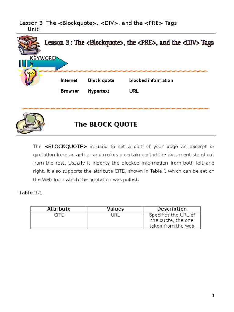 Blockquote, Div, Pre Tags in HTML | PDF | Html Element | Html