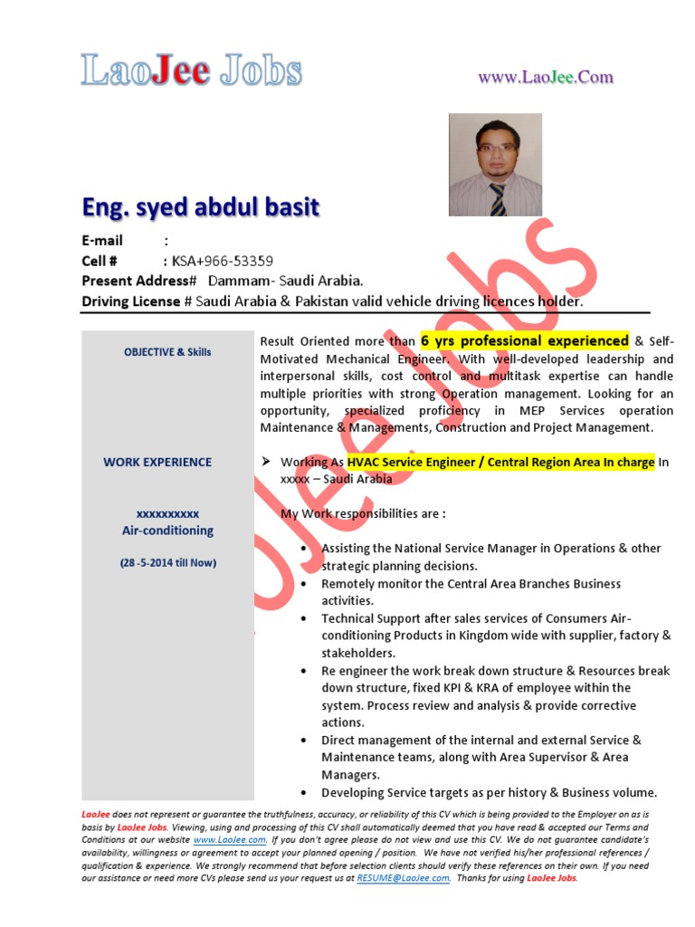 Eng. Syed Abdul Basit - Hvac-Mechanical Engineer | PDF | Hvac | Employment