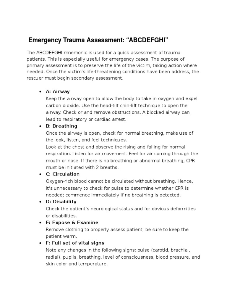 Emergency Trauma Assessment: "ABCDEFGHI": A: Airway | PDF