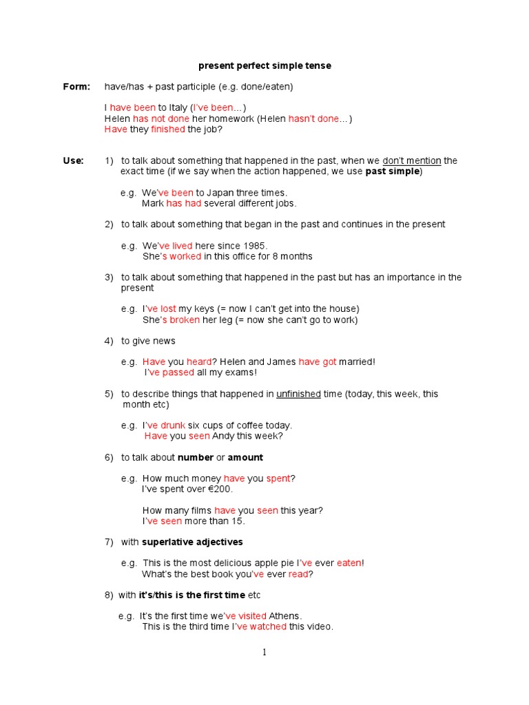 Present Perfect Simple Tense Usage | PDF | Perfect (Grammar ...