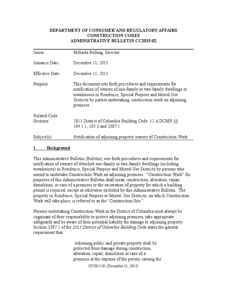 DCRA Notification of Adjoining Property Owners of Construction Work ...