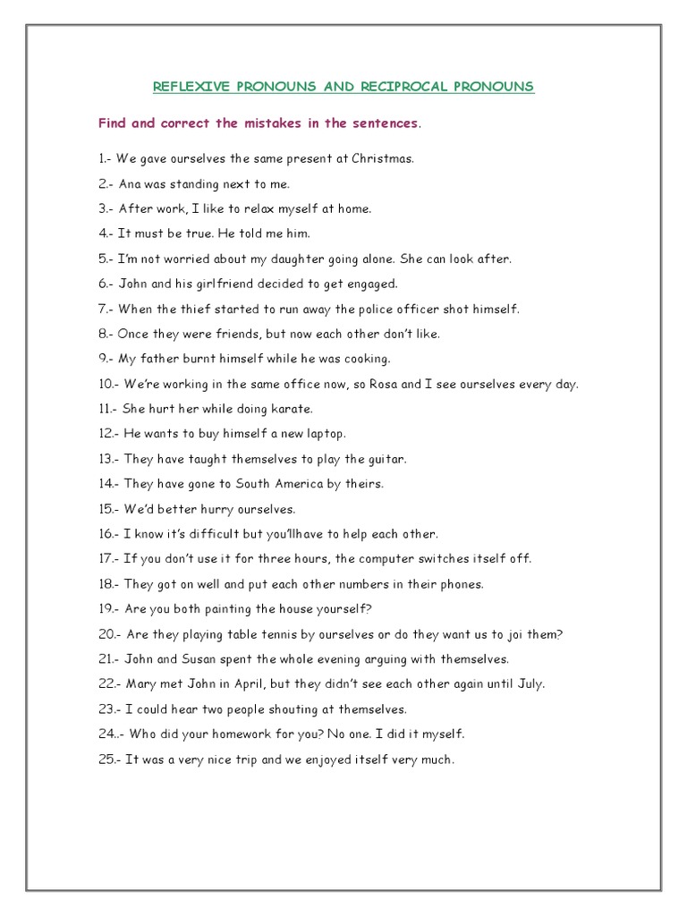 Reflexive Pronouns and Reciprocal Pronouns (Error Mistake) | PDF