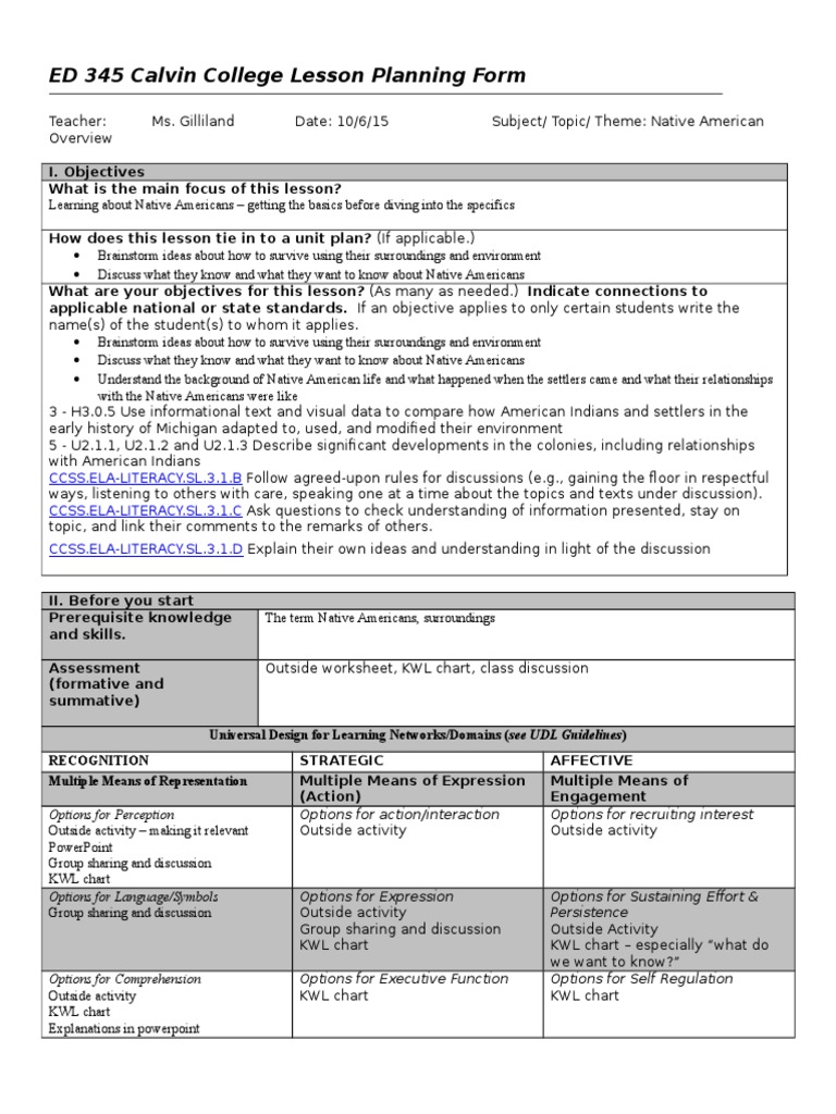 ED 345 Calvin College Lesson Planning Form | PDF | Native Americans In ...
