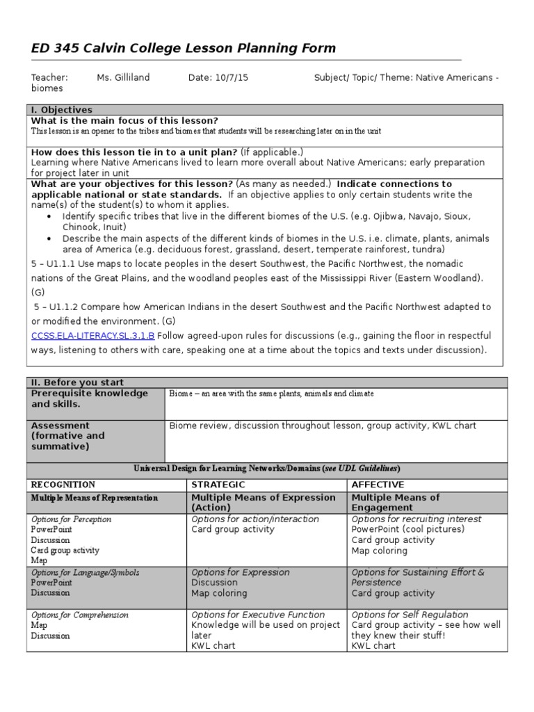 ED 345 Calvin College Lesson Planning Form: Ccss - Ela-Literacy - Sl.3. ...