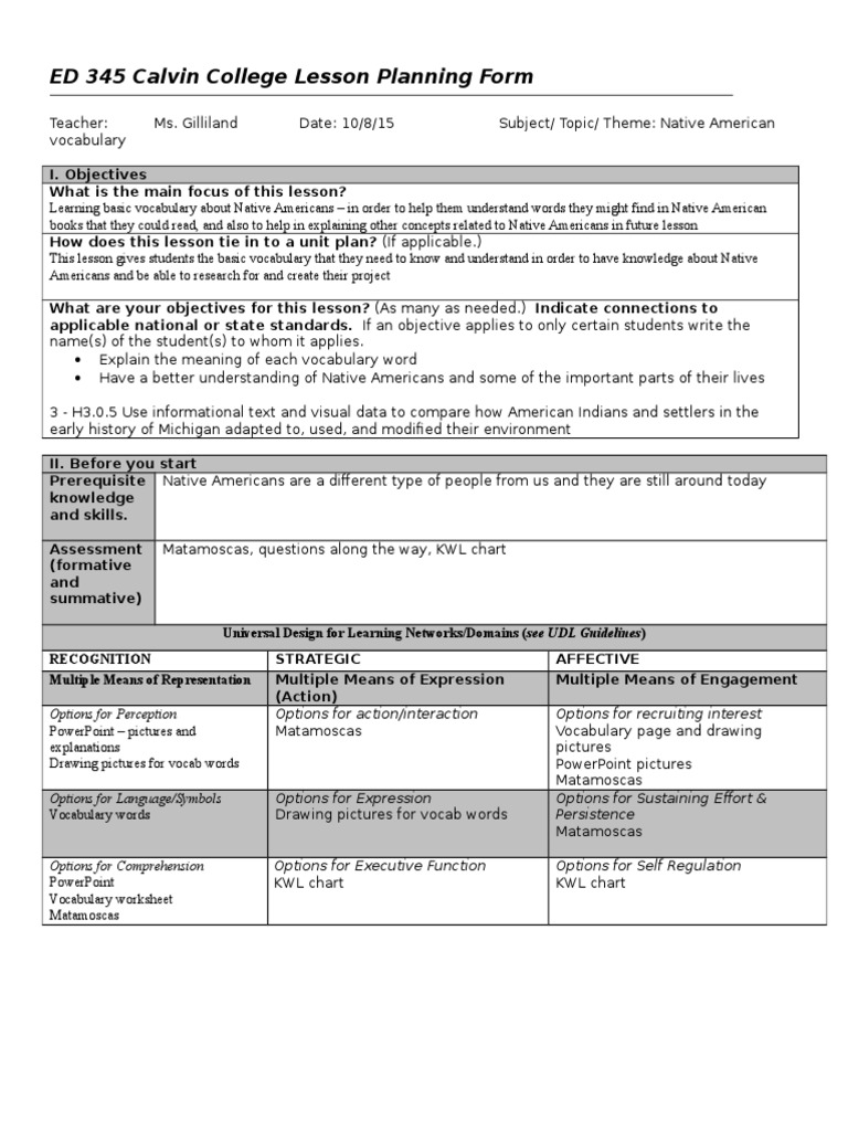 ED 345 Calvin College Lesson Planning Form | PDF | Vocabulary | Native ...
