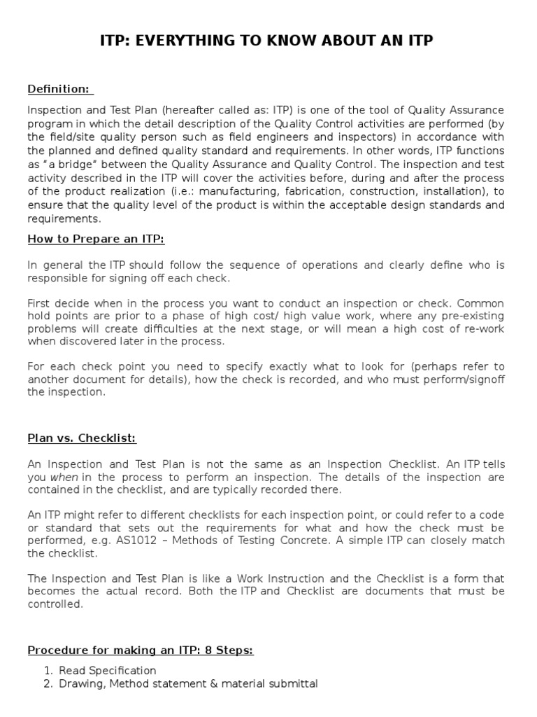 ITP Everything | PDF | Specification (Technical Standard) | Quality Assurance