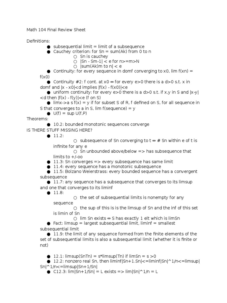Math 104 Final Notes | PDF | Series (Mathematics) | Integral