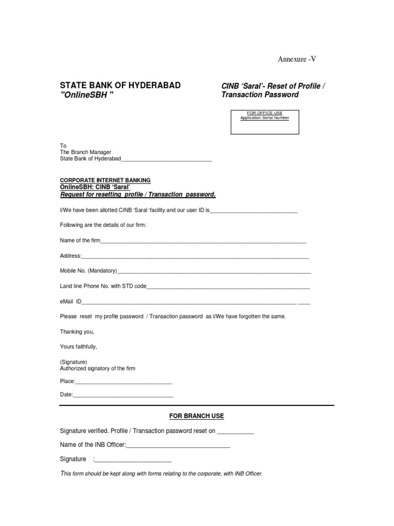 SBI Profile/Transaction Password Reset Form | PDF | Finance & Money ...