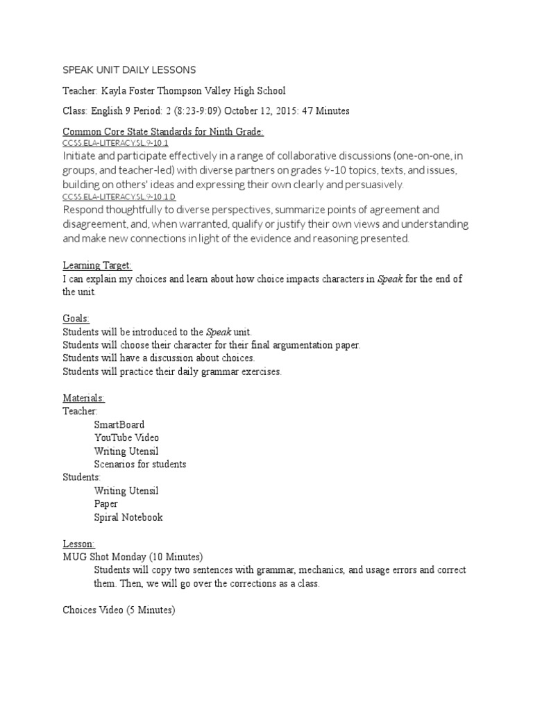 Speak Unit Daily Lesson Plans | PDF | Reading (Process) | Educational ...