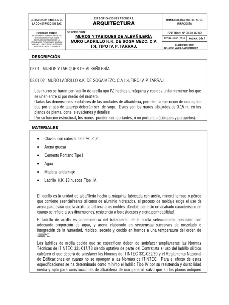 Especificaciones de Muros de Ladrillo Soga | PDF | Ladrillo | Arcilla