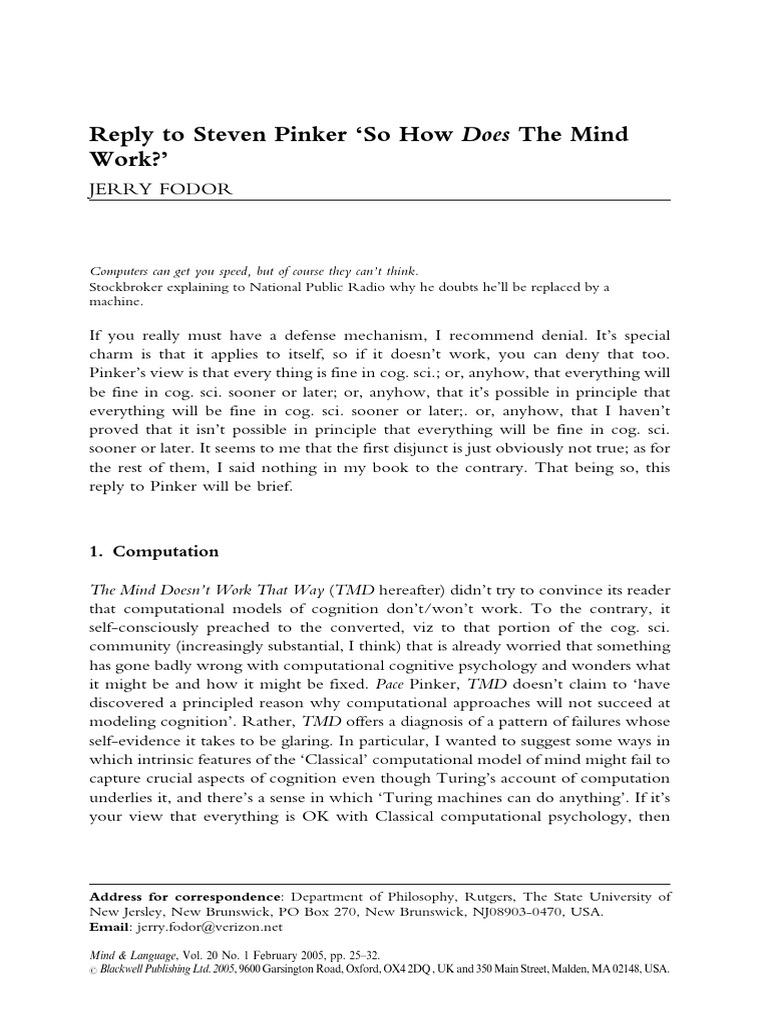 Fodor - Reply To Steven Pinker | PDF | Modularity | Mind