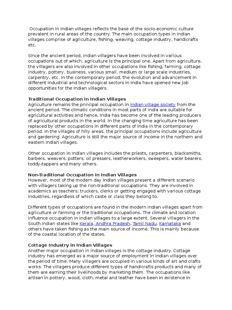 Occupation in Indian Villages Reflects The Base of The Socio | PDF ...