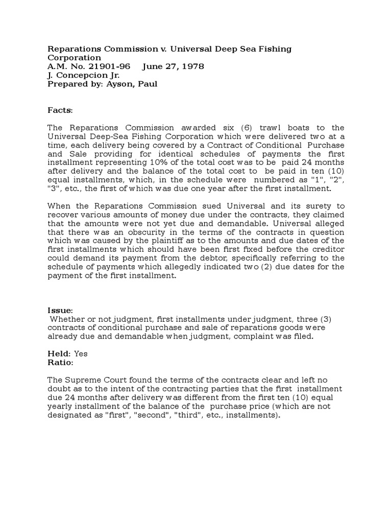 Reparations vs. Universal Fishing Case | PDF | World War I Reparations ...