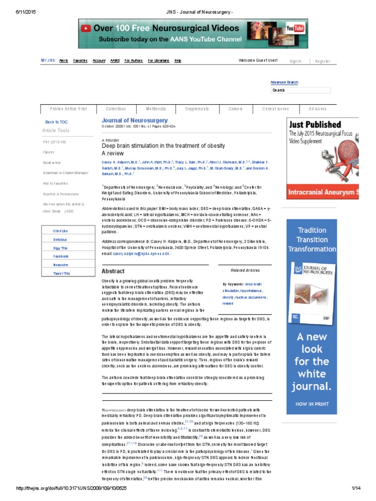JNS - Journal of Neurosurgery | PDF | Deep Brain Stimulation | Reward ...