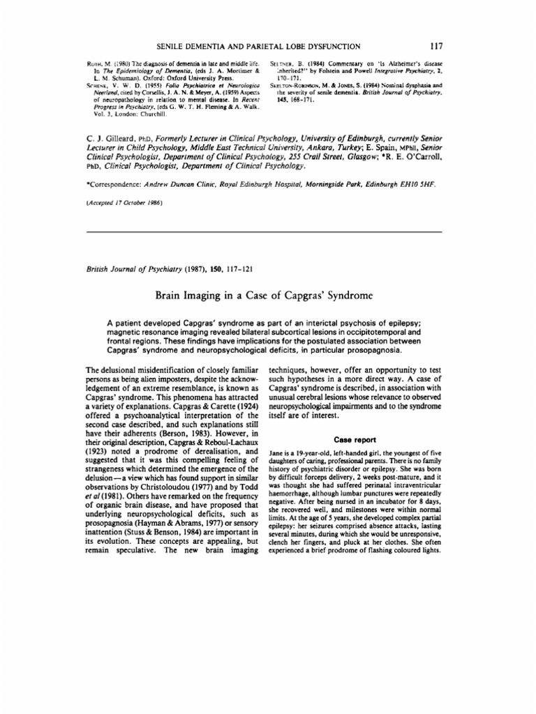 Brain Imaging in A Case of Capgras' Syndrome | PDF | Psychiatry ...