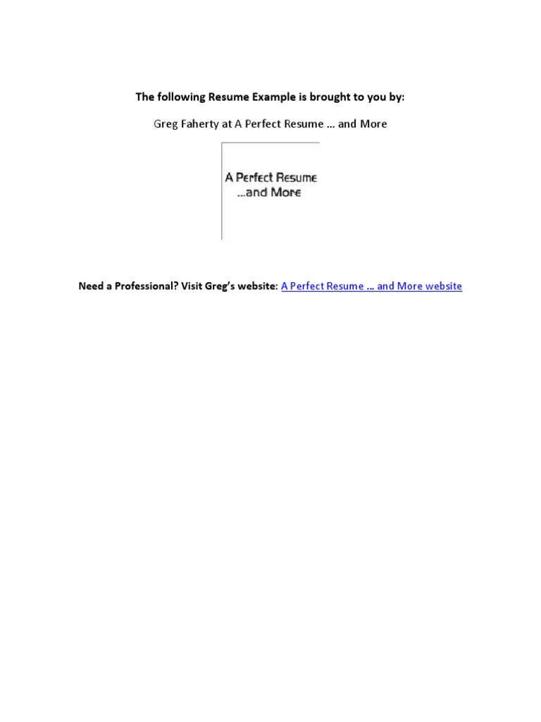 The Following Resume Example Is Brought To You By:: Greg Faherty at A ...