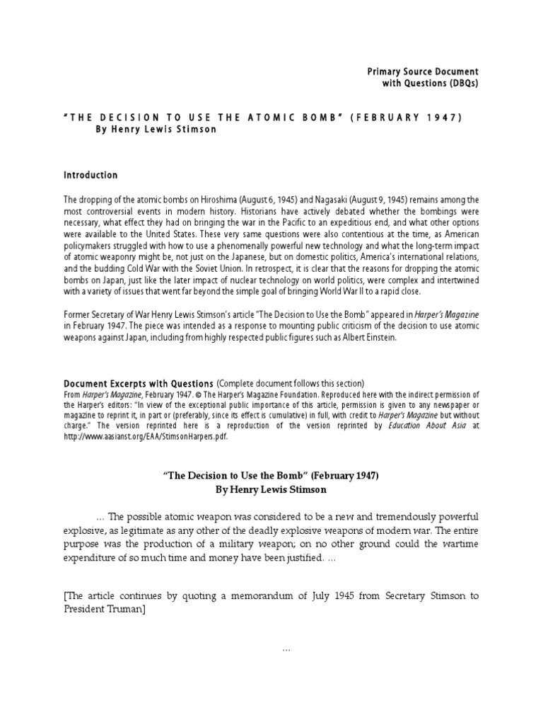 The Decision To Use The Atomic Bomb | PDF | Henry L. Stimson | Nuclear ...