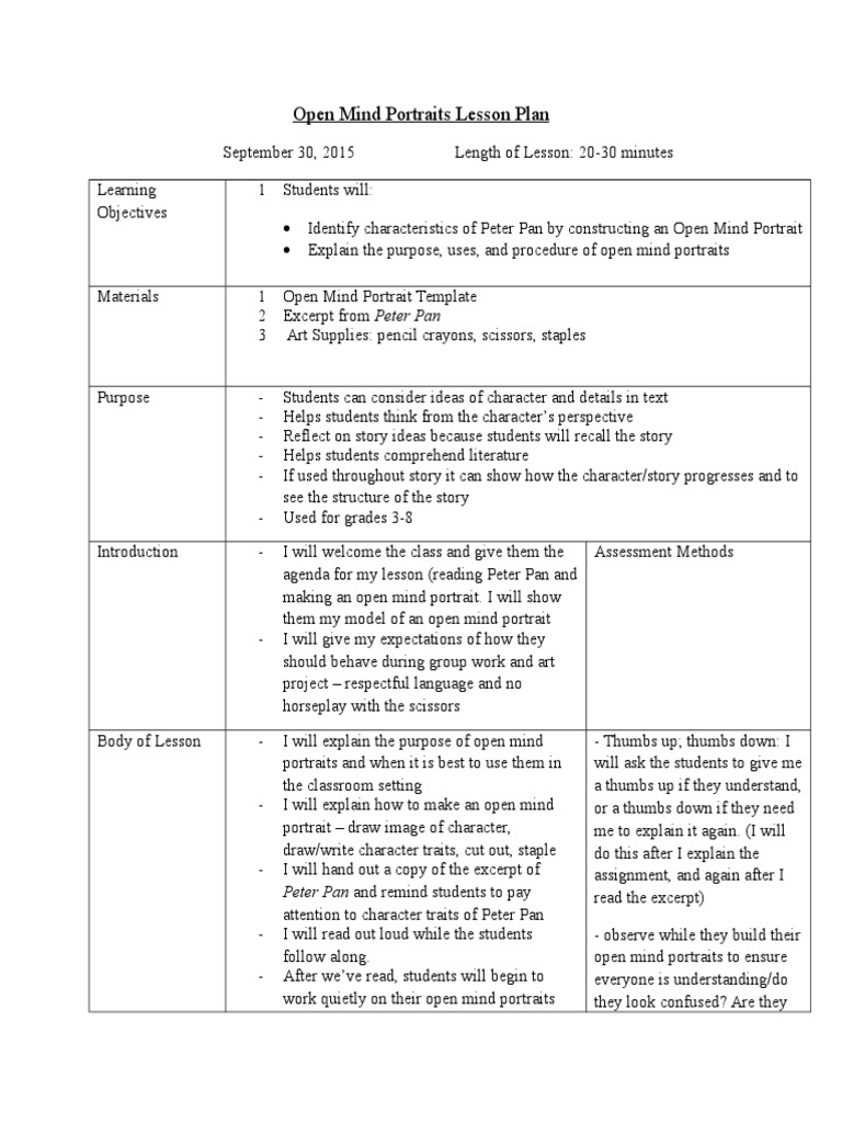 Open Mind Portraits Lesson Plan Good | PDF | Lesson Plan | Mind