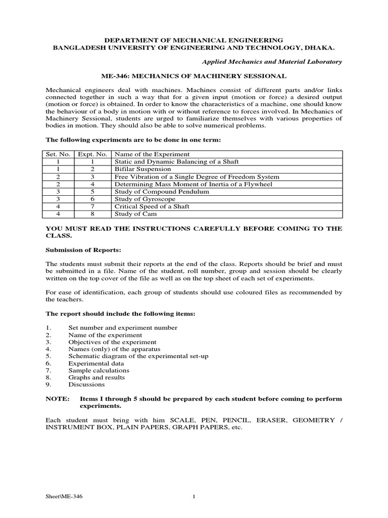 ME-346 Lab Sheet | PDF | Rotation Around A Fixed Axis | Torque