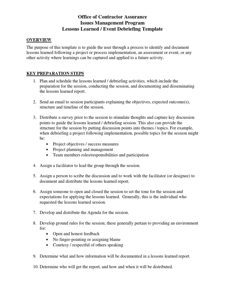 Lessons Learned Event Debriefing Process Template Learning 