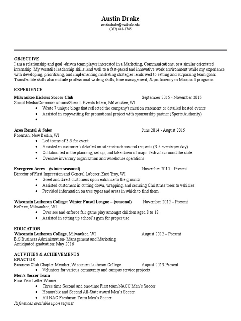 Marketing Internship Resume of Austin Drake | PDF