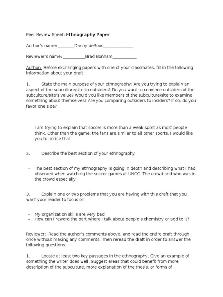 Ethnography Peer Review Sheet - 1 | PDF | Ethnography | Psychological ...