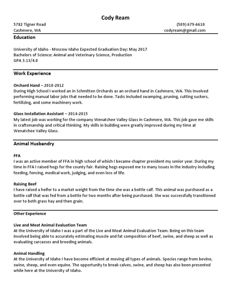 Cody Ream's Animal Science Resume | PDF