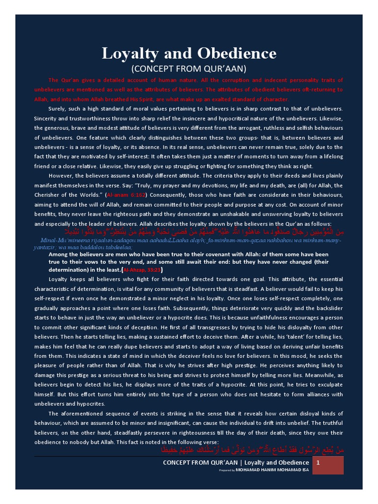 QUR'AAN CONCEPT - Loyalty and Obedience | PDF | Prophets And Messengers ...