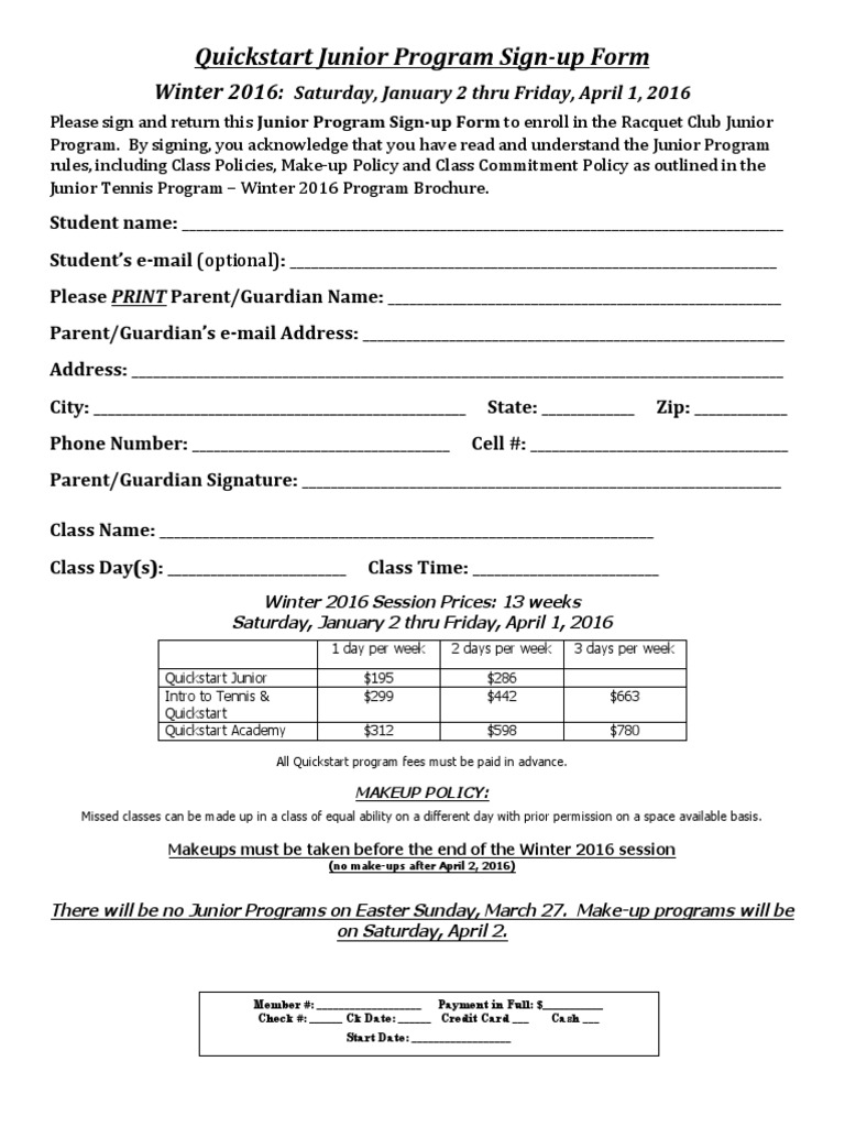 Junior Quickstart Program Signup Form Winter 2016 | PDF