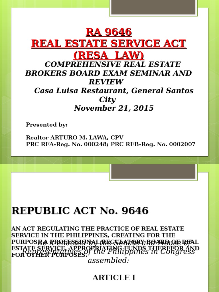 2. Lawa Ra 9646 Resa Law Nov21 | Real Estate Appraisal | Licensure