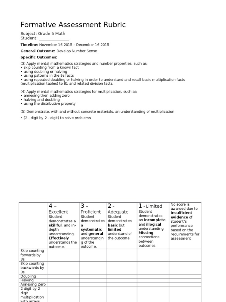 Formative Assessment Rubric Math | PDF