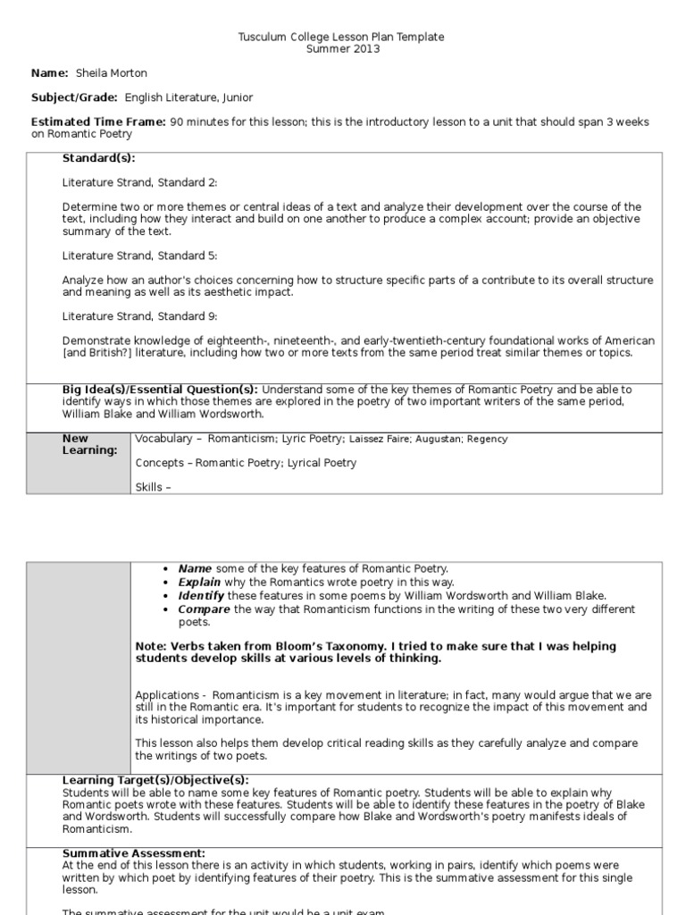 Sample Lesson Plan I | PDF | Romanticism | Poetry
